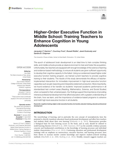 Pdf Higher Order Executive Function In Middle School Training