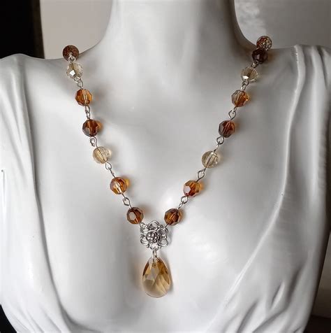 Multi Colored Crystal Necklace With Pendant Earth Tones Handmade With