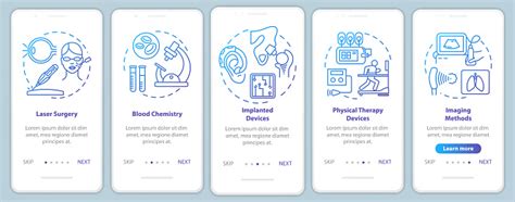 생물 의학 공학 온보딩 모바일 앱 페이지 화면 벡터 템플릿 레이저 수술 혈액 화학 선형 일러스트레이션이 있는 웹 사이트 연습 단계입니다 Ux Ui Gui 스마트폰 인터페이스
