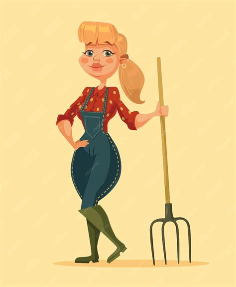 Premium Vector Farmer Woman Holding Pitchfork Happy Farm Girl