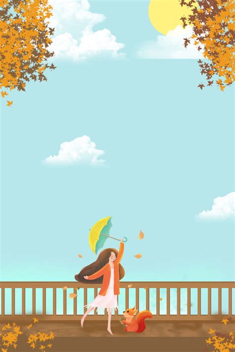 가을 일출 라인 소녀 그림 바람 의상 포스터 가을 낙엽 옐로우 다리 소녀 일러스트 레이터 스타일 신선한 다람쥐 푸른 배경 가을