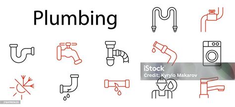 배관 세트 아이콘입니다 수도꼭지 파이프 누출 와셔 밸브 렌치 물 배관공 싱크대 배관 수리 유지 보수 물방울 고정 장치 배수 설치 하수 피팅 커넥터 시스템 개수대에 대한 스톡