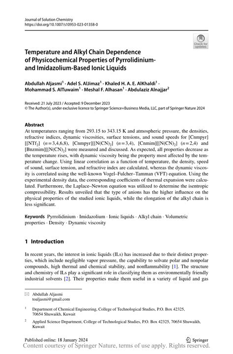 Temperature And Alkyl Chain Dependence Of Physicochemical Properties Of Pyrrolidinium‑ And