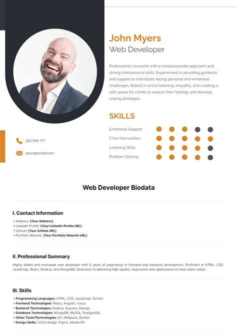 Free Web Developer Biodata Template To Edit Online