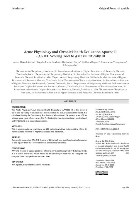 Pdf Acute Physiology And Chronic Health Evaluation Apache Ii An Icu Scoring Tool To Assess