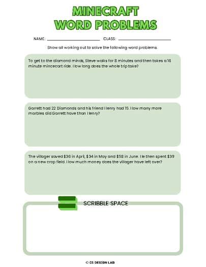 Freebie Minecraft Word Problems 3rd Grade By C5 Design Lab Tpt