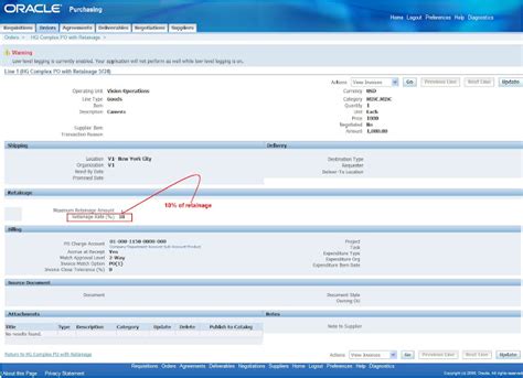 oracle applications create complex po and invoice with retainage