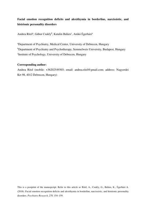 Pdf Facial Emotion Recognition Deficits And Alexithymia In Borderline