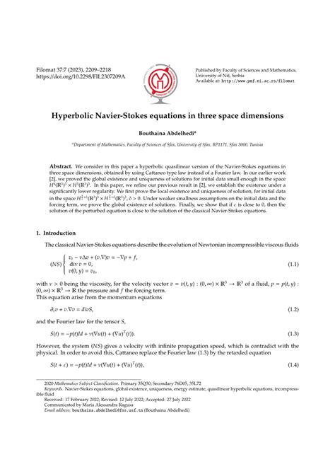 Pdf Hyperbolic Navier Stokes Equations In Three Space Dimensions