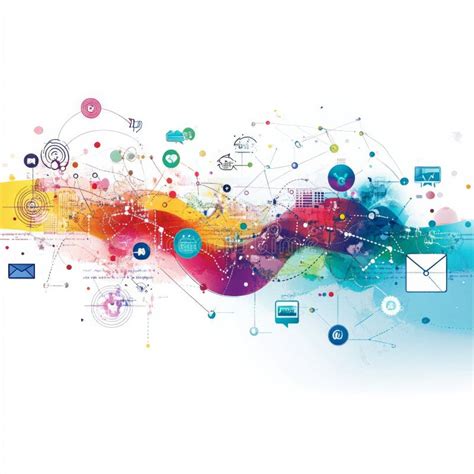 Colorful Abstract Digital Communication Network With Icons And Flowing