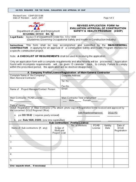 Cshp Compre Application Form General Contractor Occupational