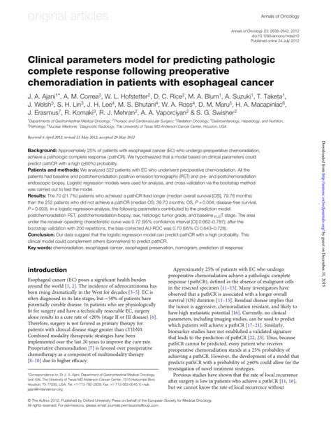 Pdf Clinical Parameters Model For Predicting Pathologic Complete Response Following