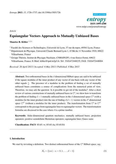 Pdf Equiangular Vectors Approach To Mutually Unbiased Bases