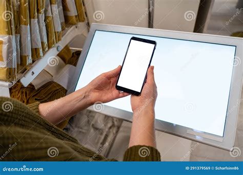 Woman With Phone Uses Self Service Kiosk In The Shopping Mall Stock Image Image Of Device