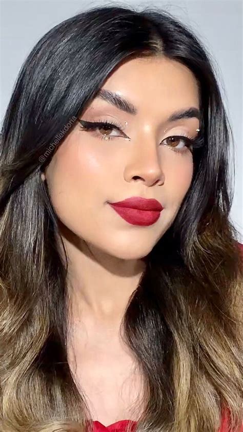 Red Lips Make Up With Rhinestones Neutral Make Up With Rhinestones And