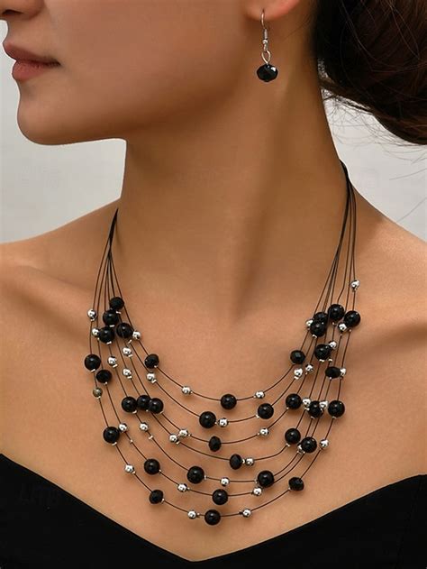 Womens Multicolor Beaded Layered Necklace And Earrings Set Elegant