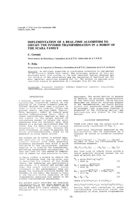 Pdf Implementation Of A Real Time Algoritham To Obtain The Inverse Transformation In A Robot