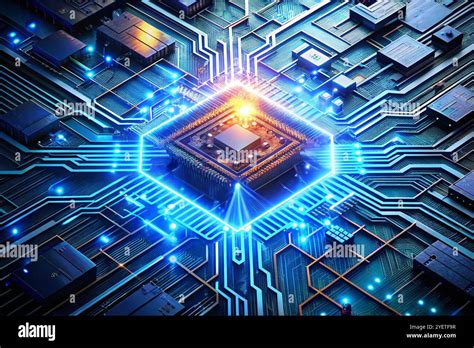 Quantum Computer With Glowing Circuits And Complex Algorithms Stock