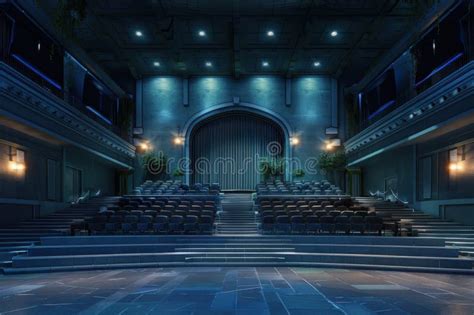 empty theater with rows of red seats and a brightly lit stage ready