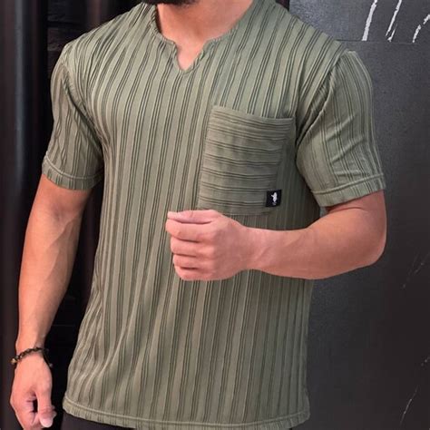 خرید و قیمت تیشرت یقه کوبایی مردانه پارچه کشی خط برجسته ساده و شیک در 6