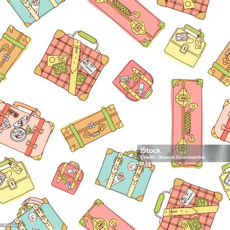 여행을 위한 밝은 여행 가방의 패턴입니다 기내 수하물 가방 엔터테인먼트 다른 나라로 이사 벡터 그림 원활한 패턴 가방에 대한 스톡 벡터 아트 및 기타 이미지 Istock