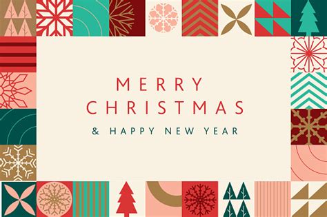 메리 크리스마스와 새해 복 많이 받으세요 인사말 추상 기하학적 모자이크 인사말 카드 플랫 디자인 템플릿 눈송이 크리스마스 트리 줄무늬 벡터에 대한 스톡 벡터 아트 및 기타