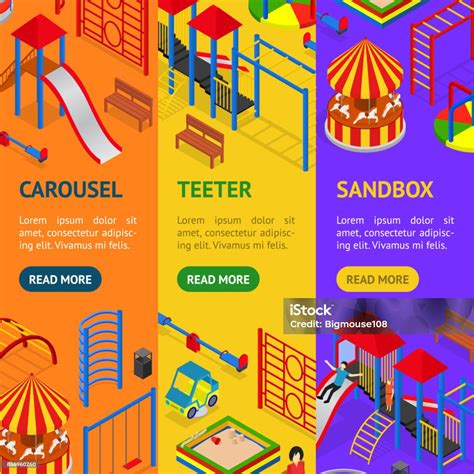 아이 들 놀이터 배너 Vecrtical 세트 아이소메트릭 뷰입니다 벡터 공원에 대한 스톡 벡터 아트 및 기타 이미지 공원 공원 벤치 균형 Istock