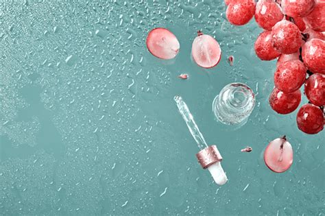 포도 씨 오일과 허브 성분을 함유한 유기농 화장품 제로 폐기물 와인 제조 블루 배경에 스킨케어 제품 병 포도 및 물 방울 포도에 대한 스톡 사진 및 기타 이미지 Istock