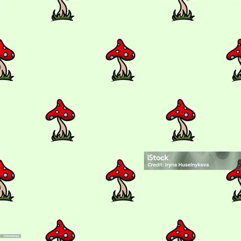 버섯과 밝은 봄 완벽 한 패턴 파리 Agaric 포장지 인쇄 장식 벽 장식에 대 한 끝없는 벡터 배경 손으로 그린 아이콘과 요소 반복 개화기에 대한 스톡 벡터 아트 및 기타