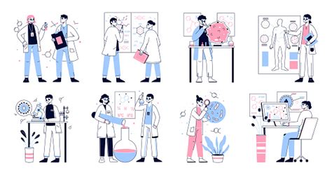 생물학 과학 실험실 의료 개발 생명 공학 실험실 과학 과학자 연구 작업 화학 과학 실험 벡터 기호 일러스트 레이 션 세트 과학 실험실 장면 건강 진단에 대한 스톡 벡터 아트