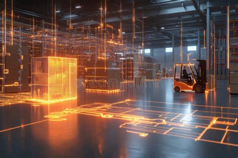Illuminated Warehouse 3d Rendering Featuring Digital Blueprints And