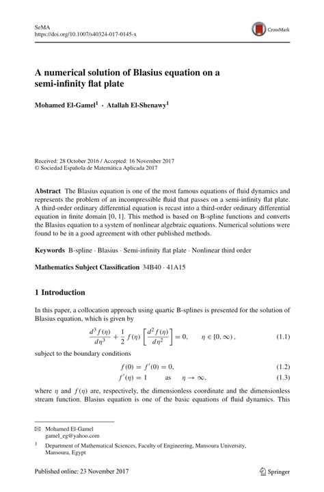 Pdf A Numerical Solution Of Blasius Equation On A Semi Infinity Flat