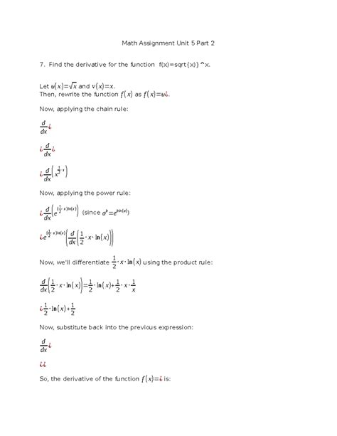 Math Assignment Unit 5 Part 2 Math Assignment Unit 5 Part 2 7 Find The Derivative For The
