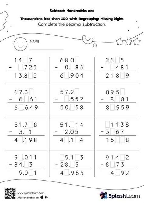 Subtract Hundredths And Thousandths Less Than 100 With Regrouping Missing Digits Math