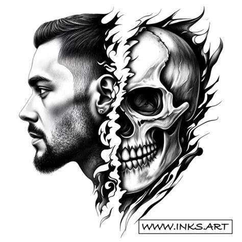 Tattoo Design Split Face Male Profile And Skull Style Realism