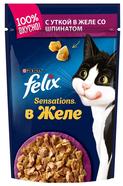 Влажный корм Felix Sensations для взрослых кошек, с уткой в желе со ...