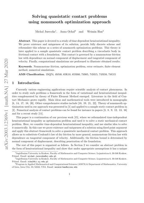 Pdf Solving Quasistatic Contact Problems Using Nonsmooth Optimization Approach