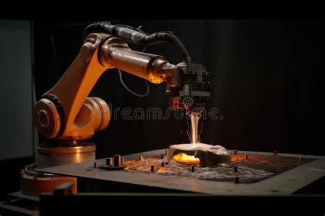 robotic arm depositing layer of molten metal in 3d printing process