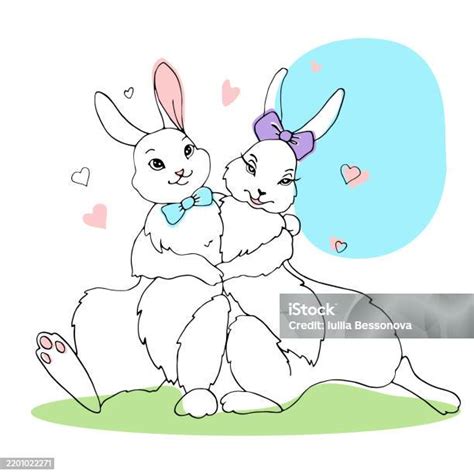벡터 윤곽 귀여운 포옹 토끼 토끼 사랑 로맨스의 상징 컬러 클립 아트 발렌타인 데이 부활절 인사말 카드 웹에 대 한 그림 낙서 손으로 그린 0명에 대한 스톡 벡터 아트 및