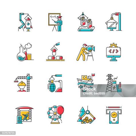 산업 유형 색상 아이콘 집합입니다 상품 및 서비스 생산 기술 개발 이익을 위한 인간의 활동 경제의 다양한 분야에서 기업 격리된 벡터 일러스트레이션 아이콘에 대한 스톡 벡터