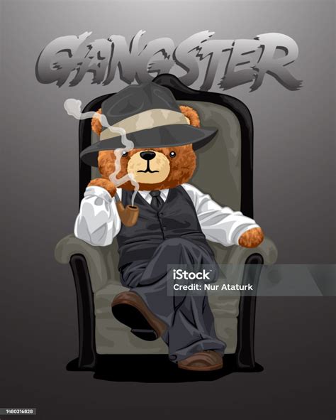 담배 파이프로 왕좌에 앉아 갱스터 스타일의 테디 베어의 손으로 그린 벡터 그림 형사에 대한 스톡 벡터 아트 및 기타 이미지