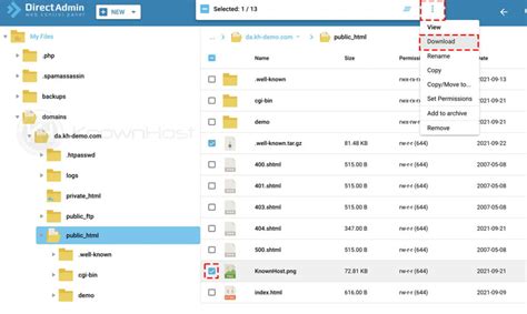 how to download files from the directadmin knownhost