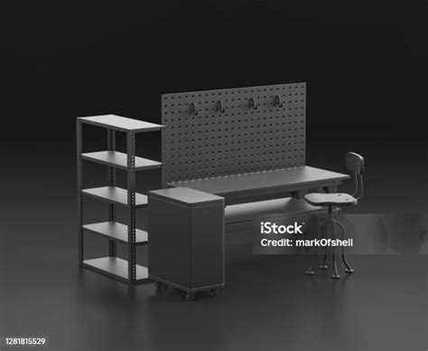 파란색 배경의 워크벤치 플랫 컬러 작업 공간 3d 렌더링이 있는 다크 그레이 단일 컬러 워크샵 Diy에 대한 스톡 사진 및 기타 이미지 Istock