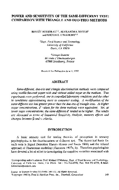 Pdf Power And Sensitivity Of The Same Different Test Comparison With Triangle And Duo Trio