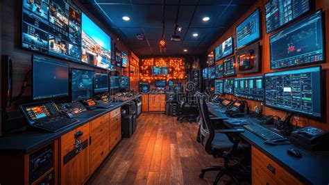 A Modern, High-tech Control Room with Multiple Computer Monitors Displaying Data, Graphics, and ...