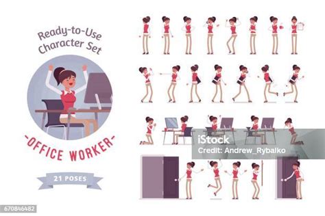 기성품 젊은 여성 사무직 캐릭터 세트 다양한 포즈와 감정 사무실에 대한 스톡 벡터 아트 및 기타 이미지 사무실 전화 사용 행복 Istock