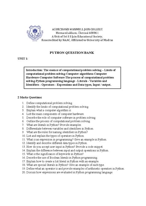 Problem Solving Using Python Unit 1 2 Marks Guide Studocu