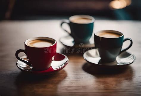 Coffee Cups Are Lined Up On A Table Ready To Be Enjoyed Stock