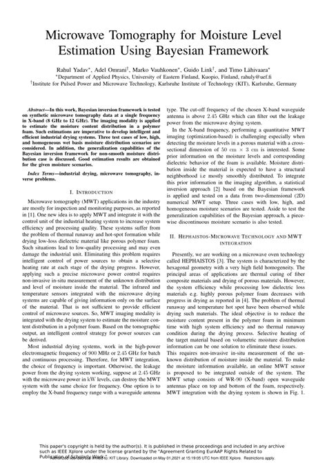 Pdf Microwave Tomography For Moisture Level Estimation Using Bayesian Framework
