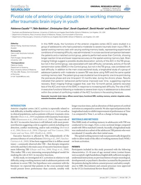 Pdf Pivotal Role Of Anterior Cingulate Cortex In Working Memory After
